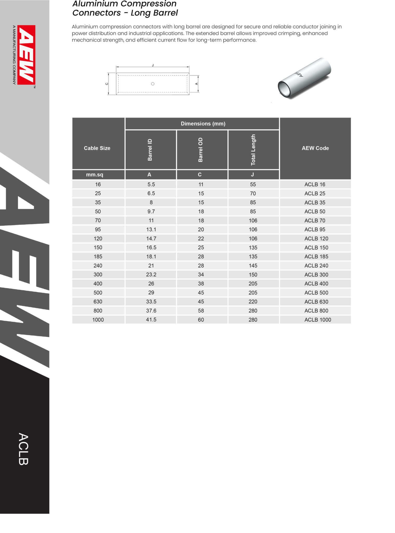 Aluminium compression connectors – Long barrel – AEW