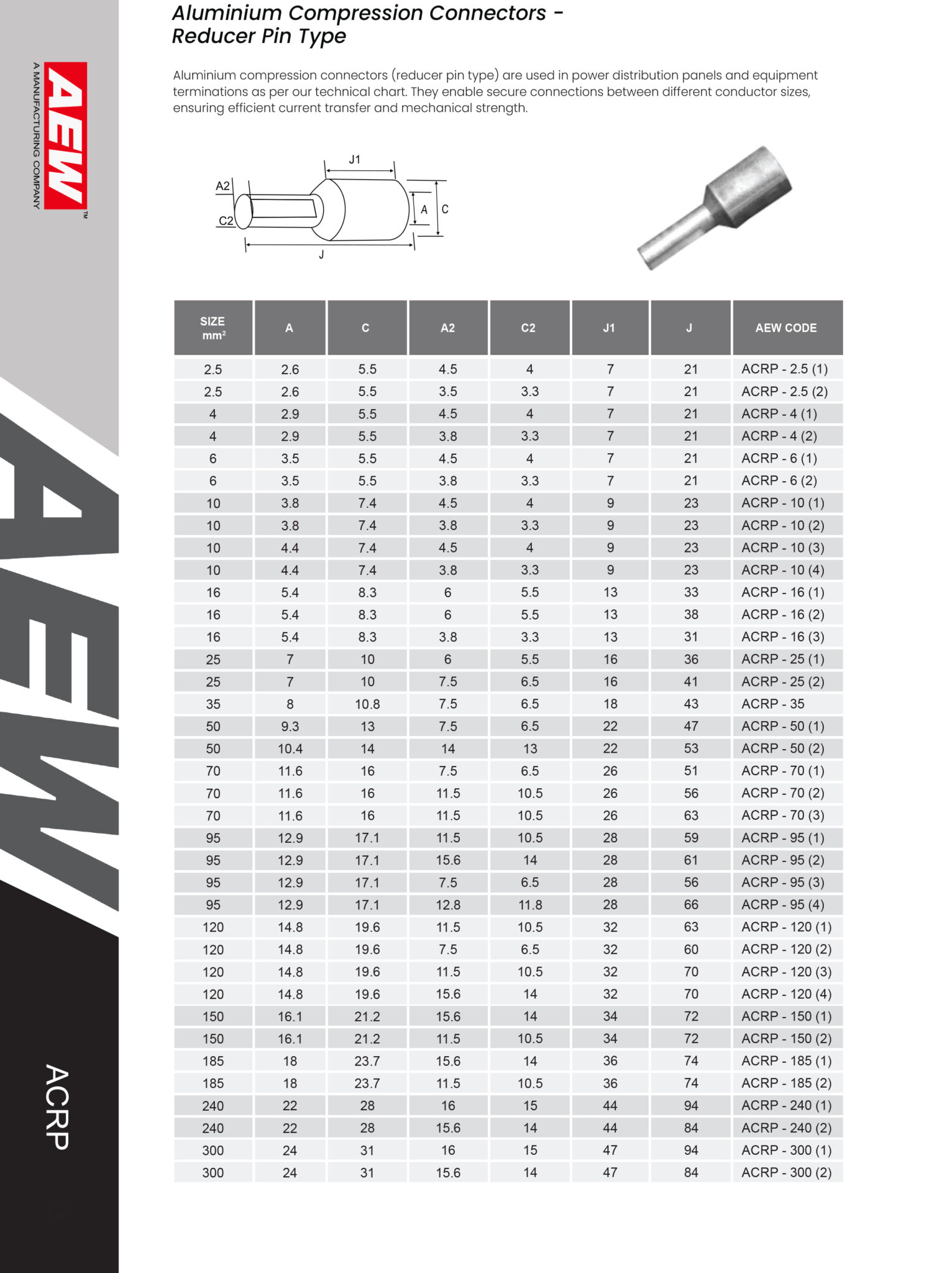 Aluminium Compression Connectors – Reducer Pin Type – Aew